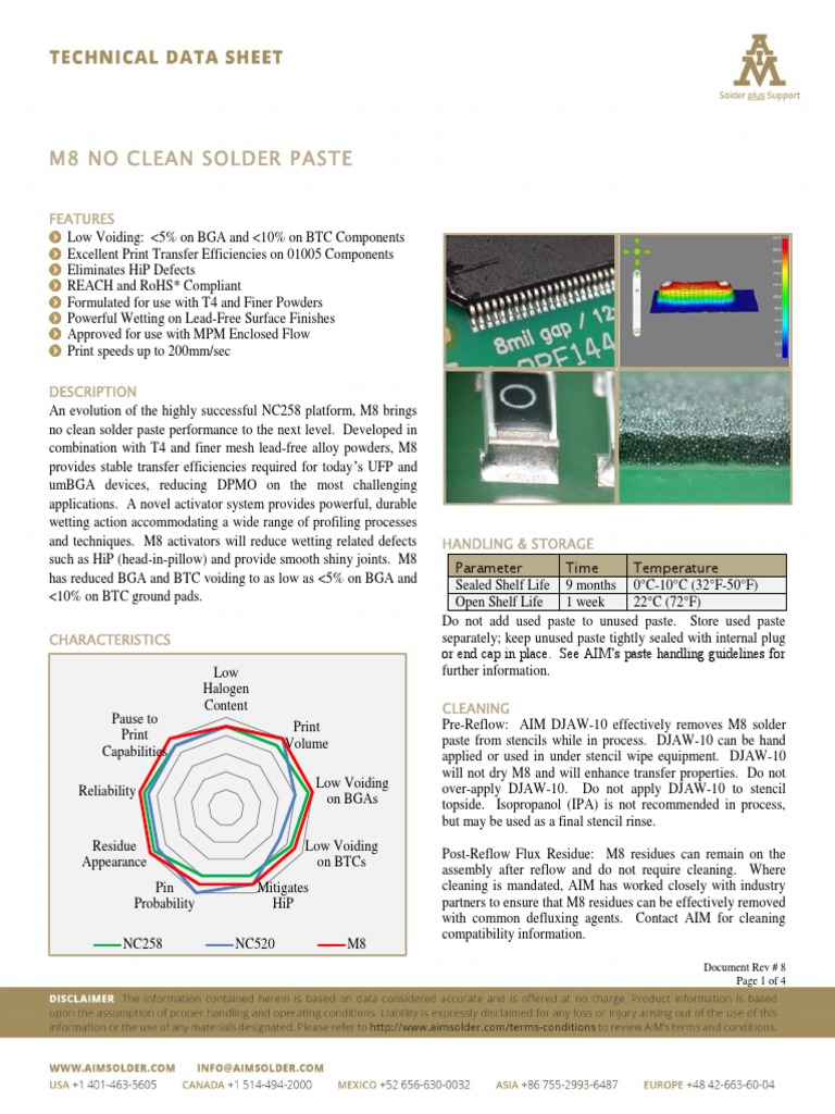 AIM M8 No Clean Solder Paste Data Sheet | PDF | Solder | Building ...