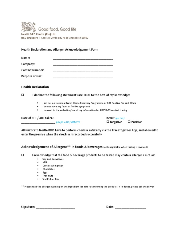 Nestle Health Declaration and Allergen Acknowledgement Form | PDF