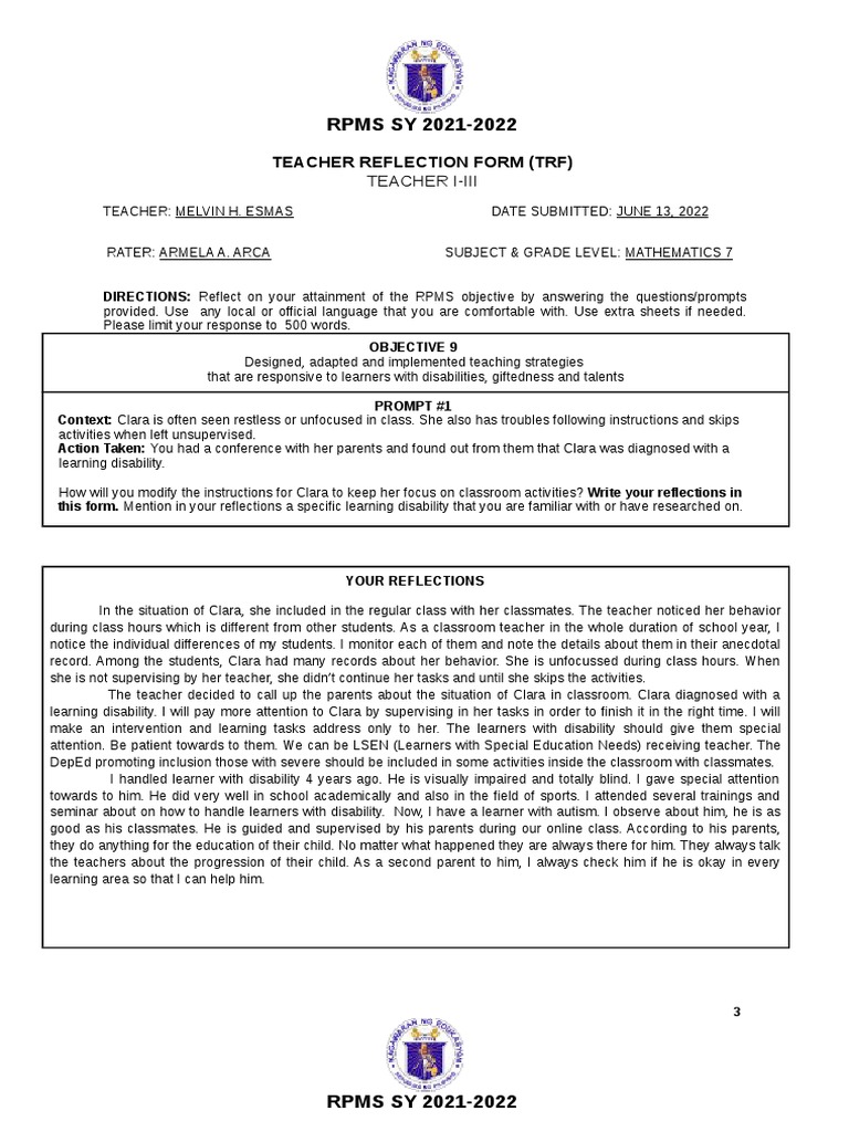 RPMS SY 2021-2022: Teacher Reflection Form (TRF) | PDF | Lesson Plan ...