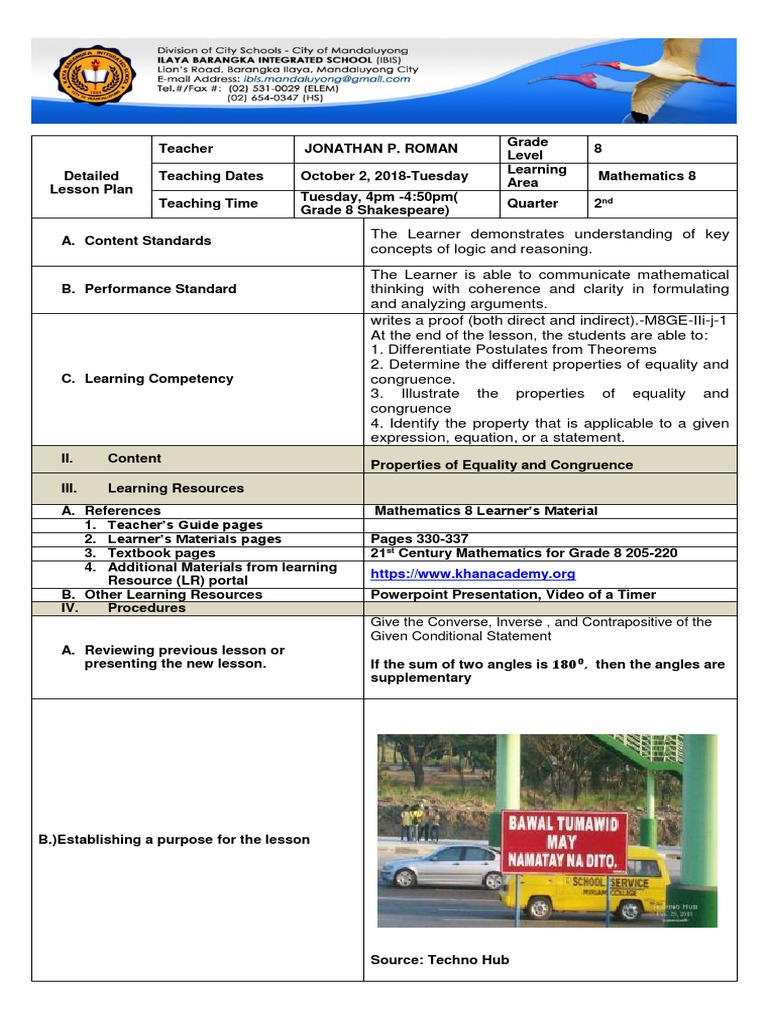 Detailed Lesson Plan in Properties of Equality and Congruence | PDF ...