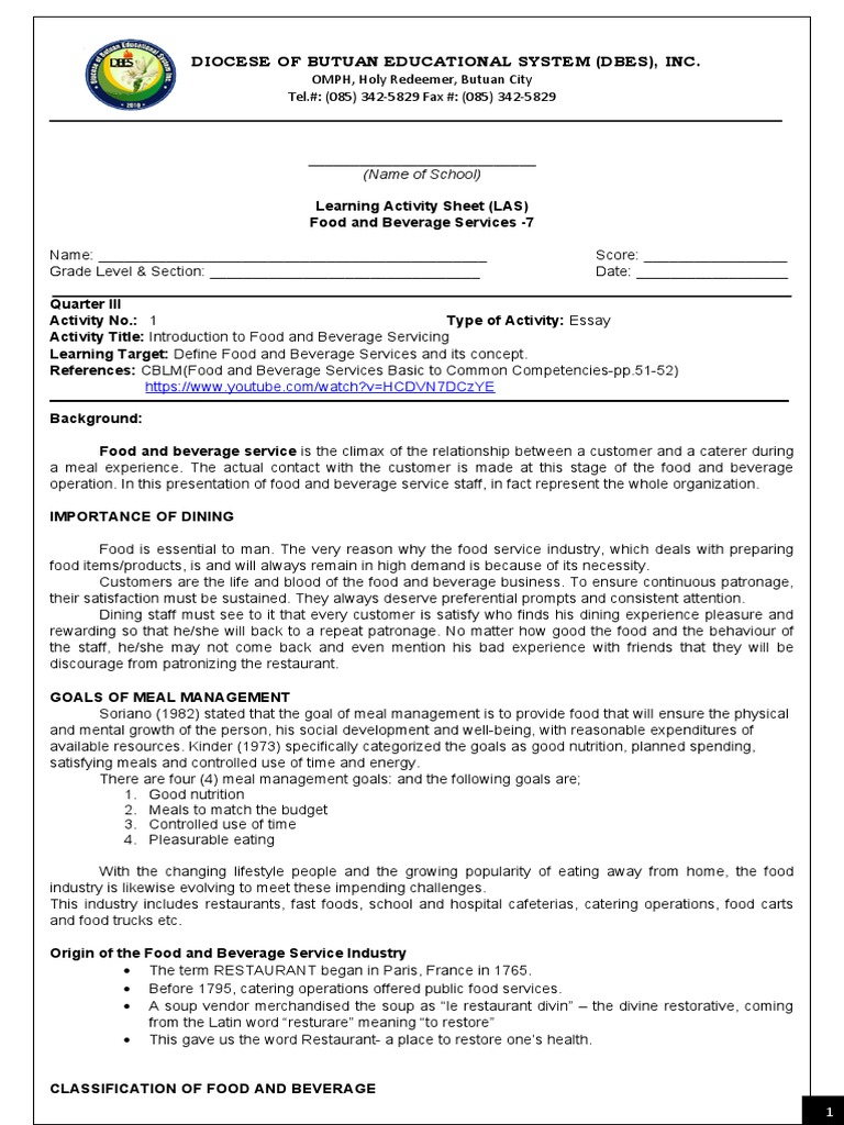 Grade 7 FBS Revised | PDF | Restaurants | Tableware