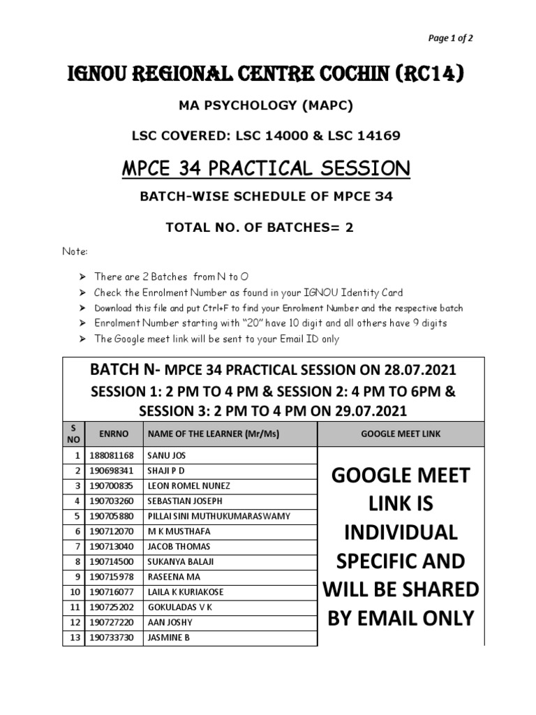 Mapc-Mpce 34 Practical Session Batch Wise List | PDF