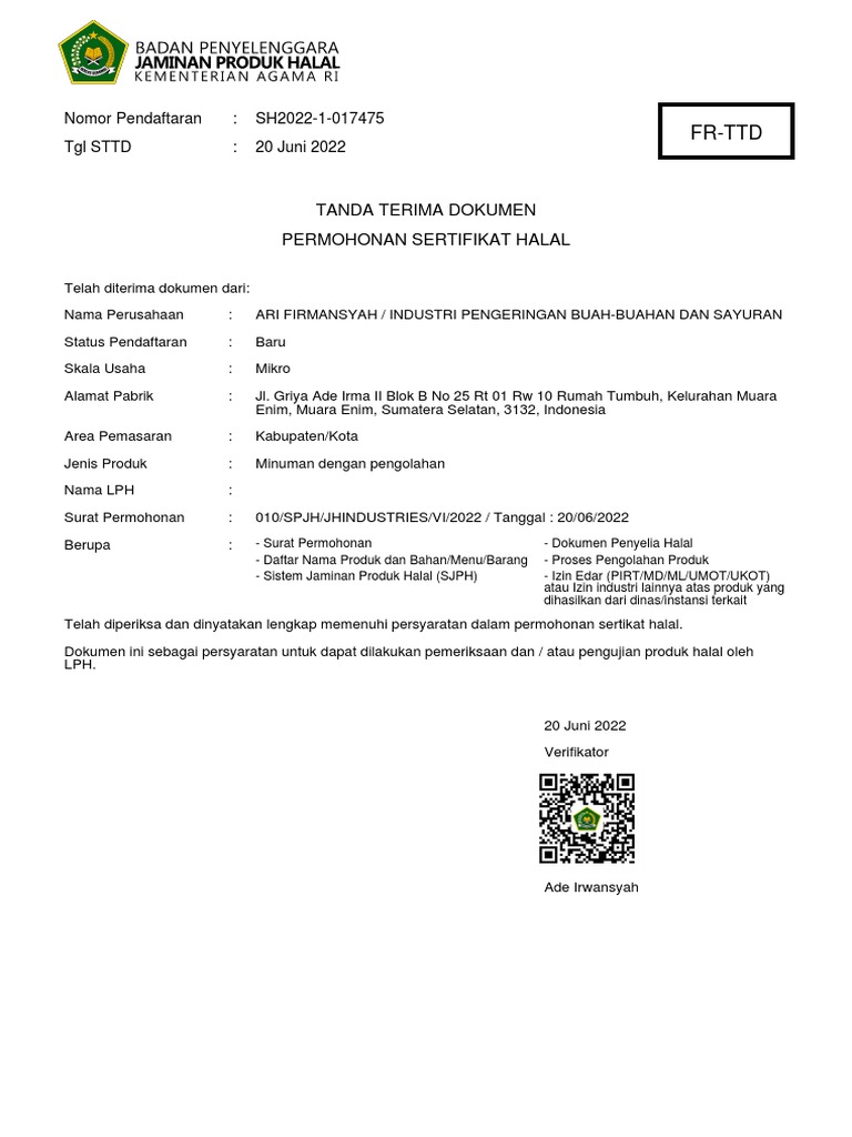 Tanda Terima Berkas Permohonan SPJH | PDF