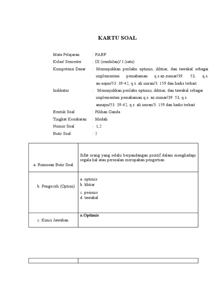Format Kartu Soal PTS | PDF