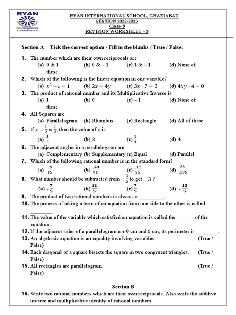 These +1 1: Ryan International School, Ghaziabad SESSION 2022-2023 Class-8 Revision Worksheet ...