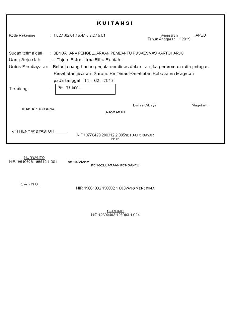 Kwitansi Perjalanan Dinas Puskesmas | PDF