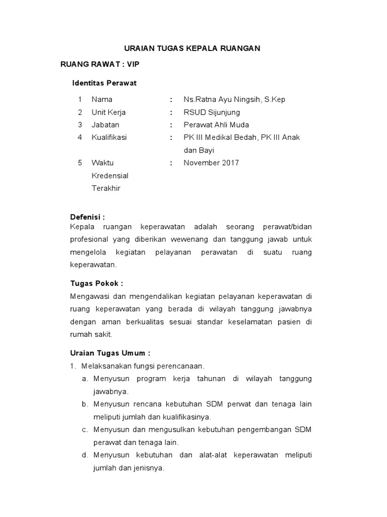 Uraian Tugas Kepala Ruangan | PDF