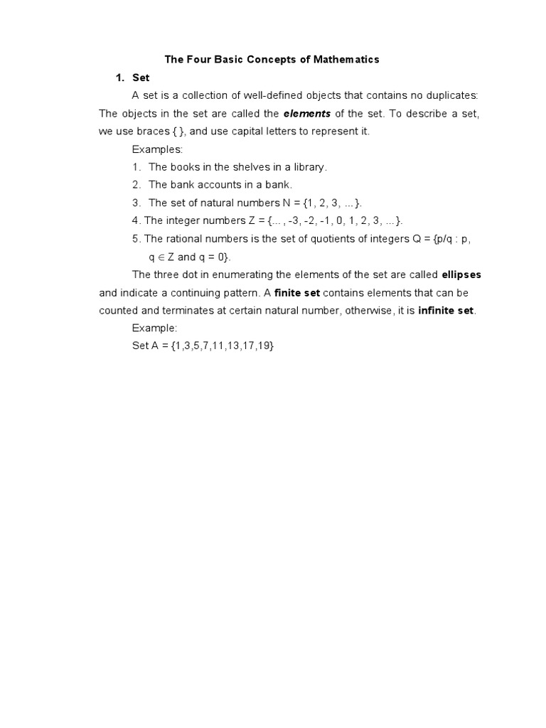 Lesson 2 - The Four Basic Concepts of Mathematics | PDF | Set (Mathematics) | Function (Mathematics)