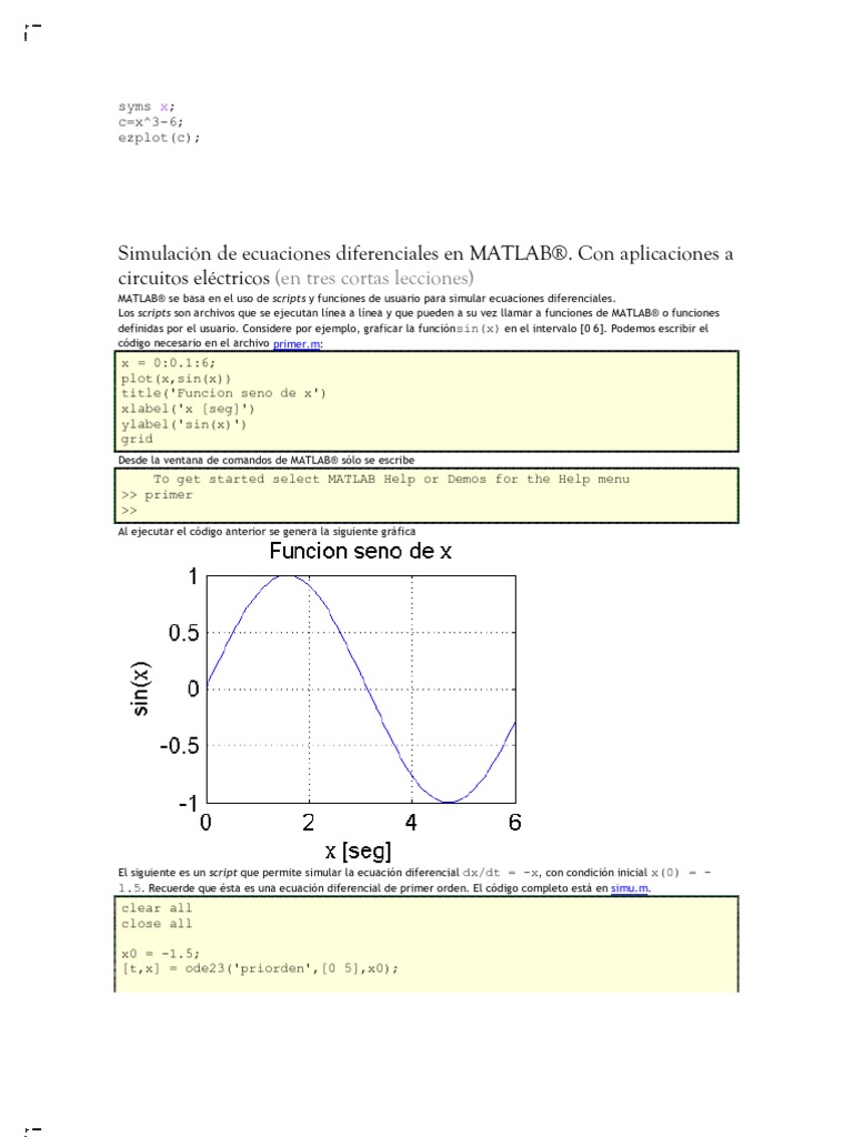 Simulación de Ecuaciones Diferenciales en MATLAB | PDF