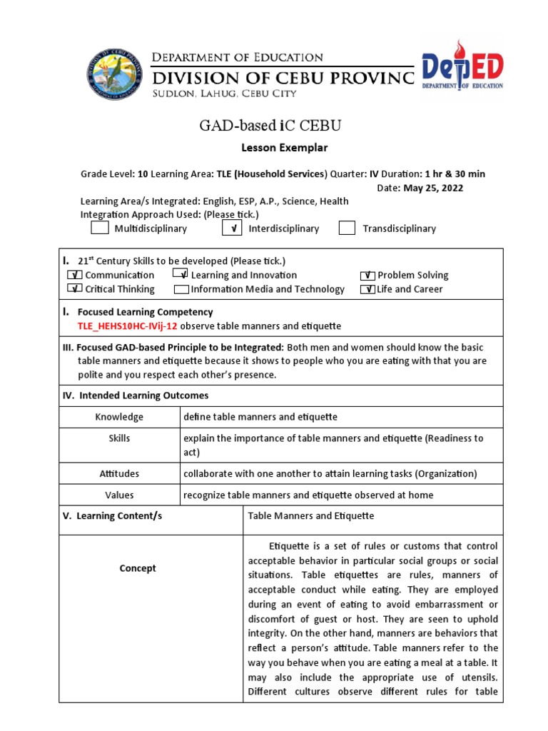 GAD-based Ic CEBU: Lesson Exemplar | Download Free PDF | Etiquette ...