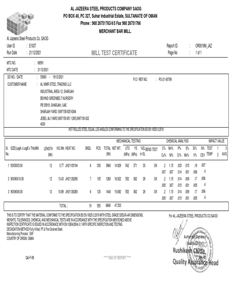 Mill Test Certificate: Run Date 21/12/2021 OR0019M - JAZ User ID E1037 ...