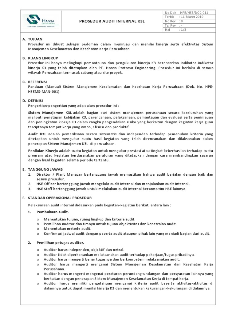 Prosedur Audit Internal K3L | PDF