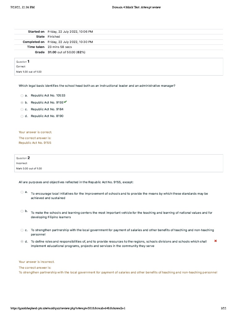 Domain 4 Mock Test Review Results | PDF | Leadership | Learning