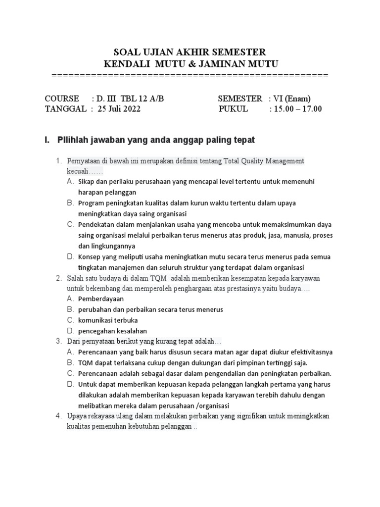 Soal Uas Kendali Mutu - Tbl12ab - Fix | PDF