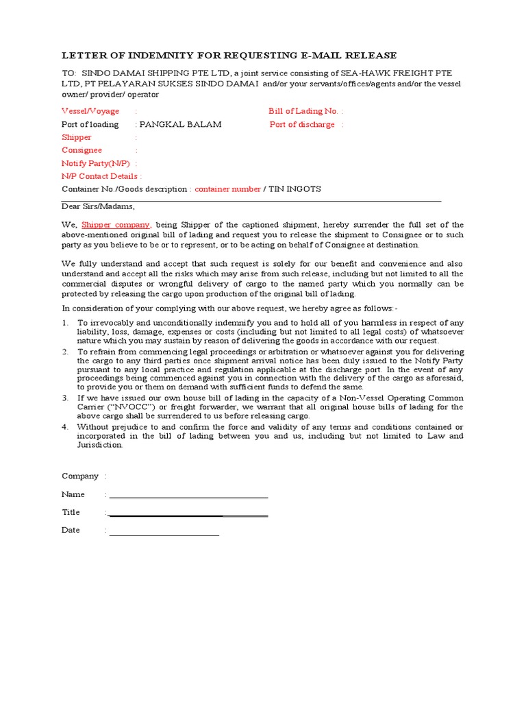 Loi Template Surrender | PDF | Cargo | Bill Of Lading