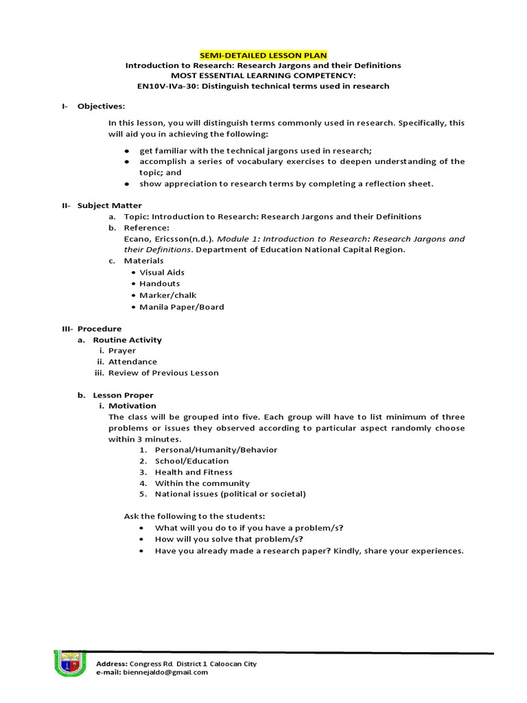MODULE 1 - Introduction To Research - Research Jargons (Lesson Plan ...