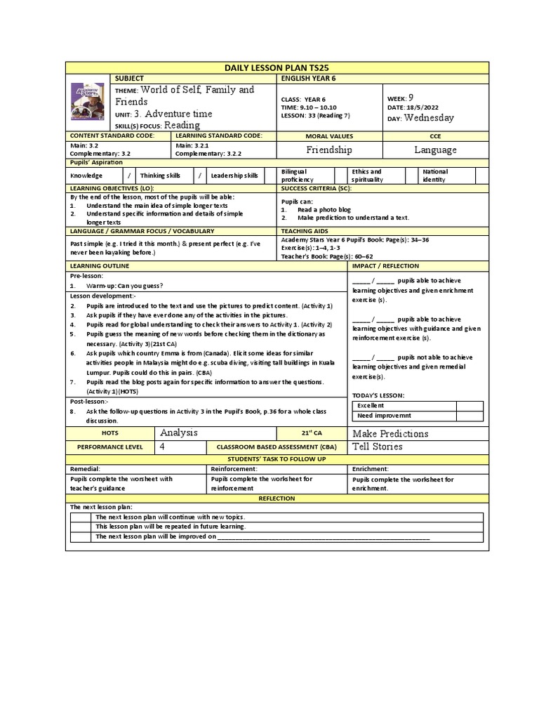 Year 6 English Reading Lesson Plan | PDF | Lesson Plan | Teachers
