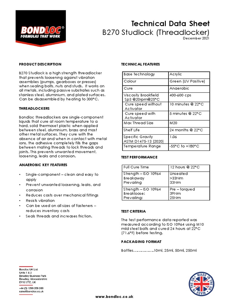 B270 Studlock Threadlocker Overview | PDF | Applied And ...