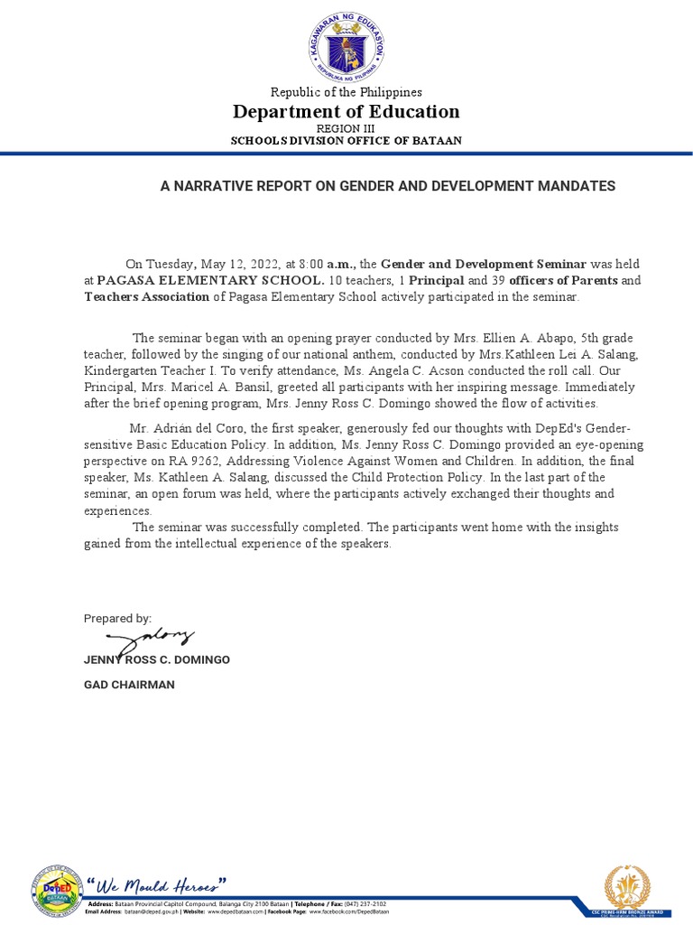 A NARRATIVE REPORT ON GENDER AND DEVELOPMENT MANDATES | PDF