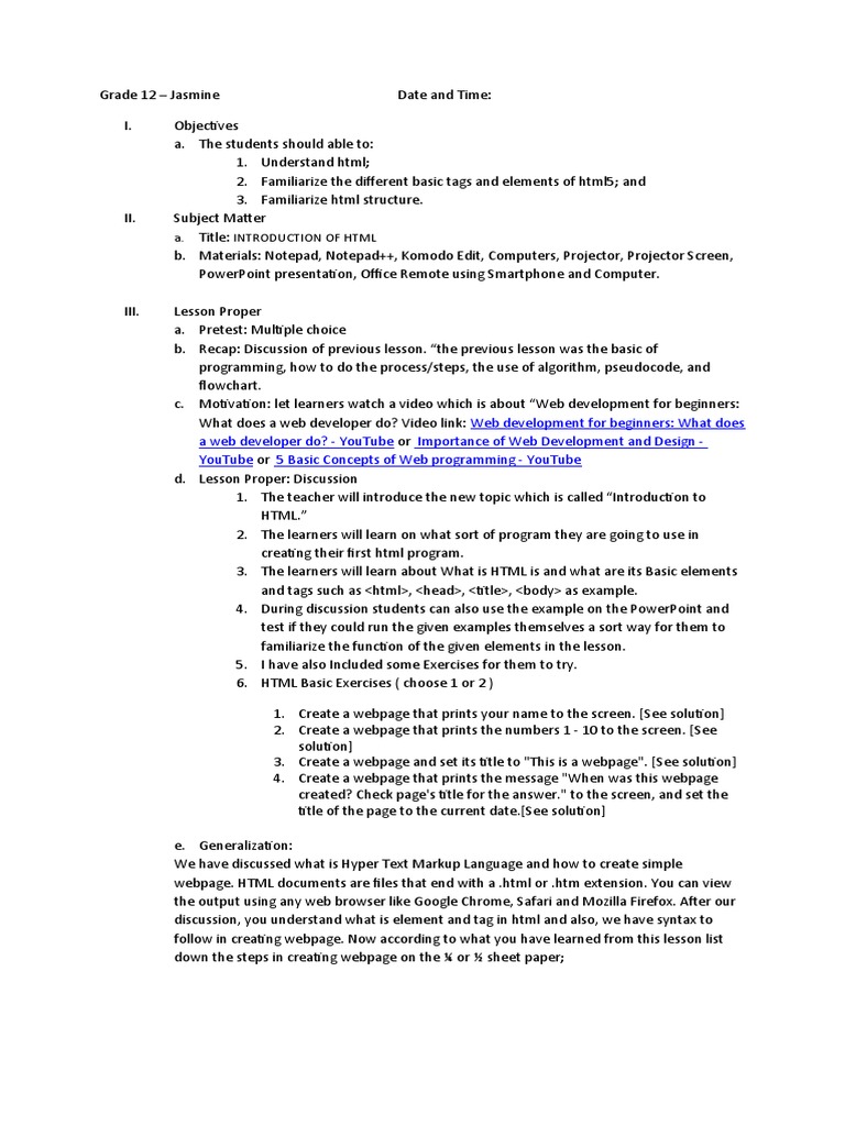 Lesson Plan Observation INTRODUCTION TO HTML | PDF | Html | Html Element