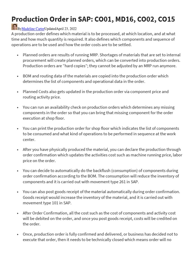 Production Order in SAP CO01 MD16 CO02 CO15 | PDF | Computing | Business