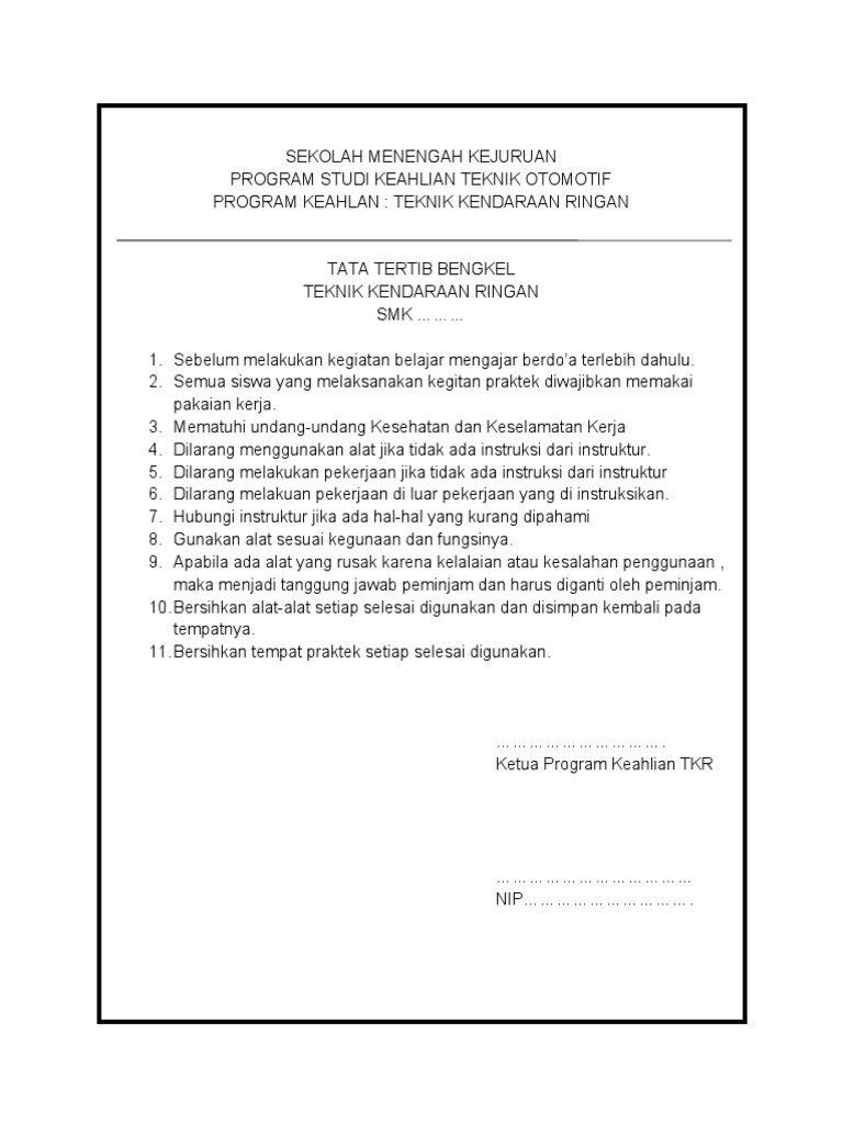 Tata Tertib Bengkel Tkr Pdf