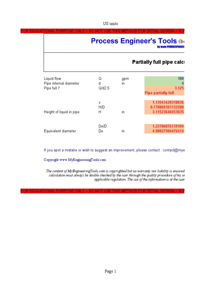 Partially Full Pipe Calculation Tool: US Units | PDF