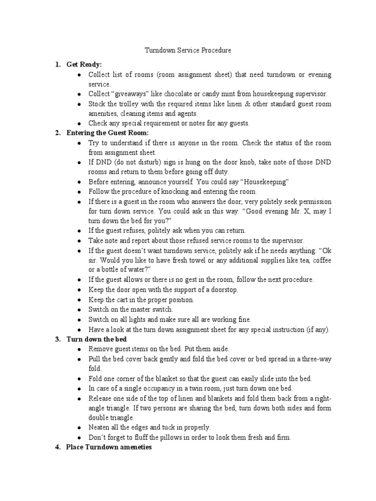 Turndown Service Procedure | PDF | Bathroom | Shower
