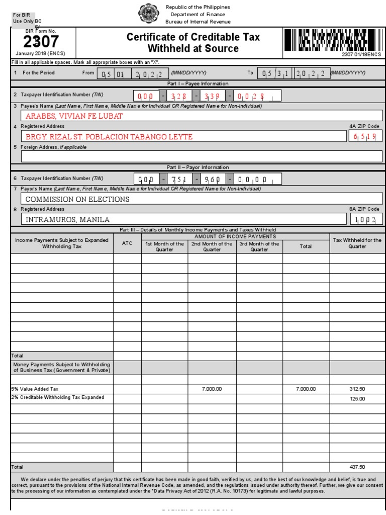 Certificate of Creditable Tax Withheld at Source | Download Free PDF ...