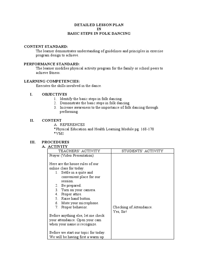 Grade 8 Folk Dancing Lesson Plan | PDF | Learning | Dances