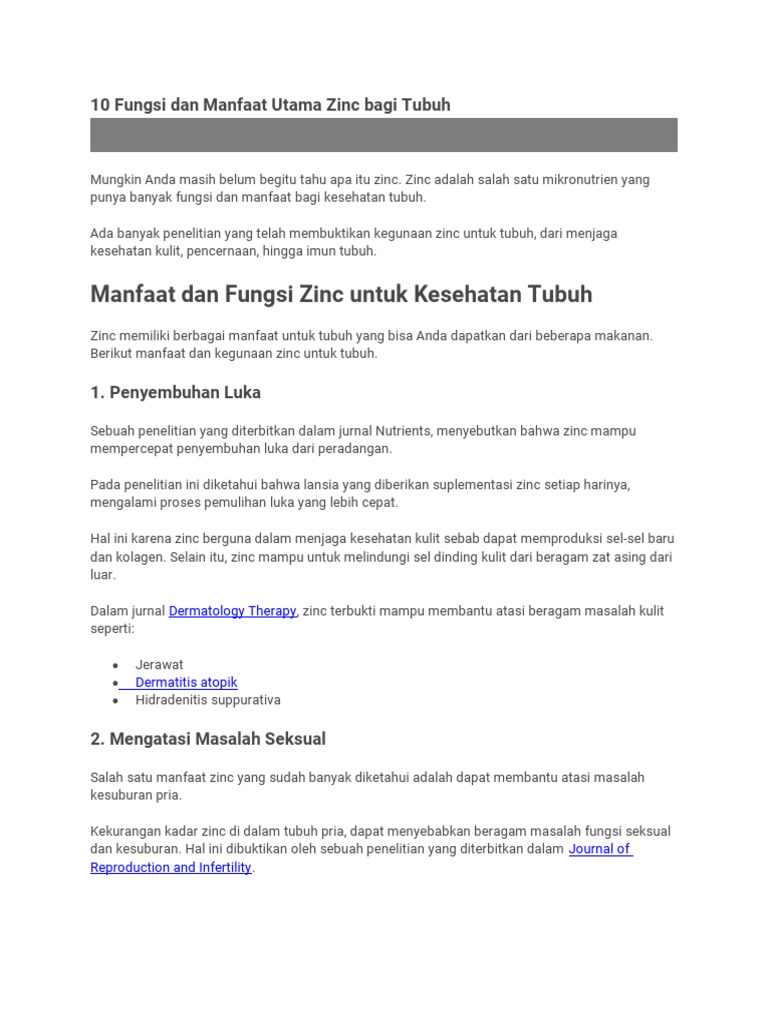 10 Fungsi Dan Manfaat Utama Zinc Bagi Tubuh | PDF | Kesehatan Holistik ...