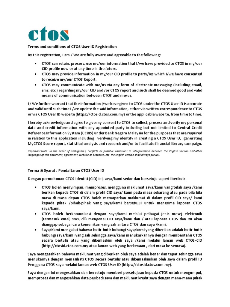 Terms and Conditions of The CTOS User ID Registration | PDF ...