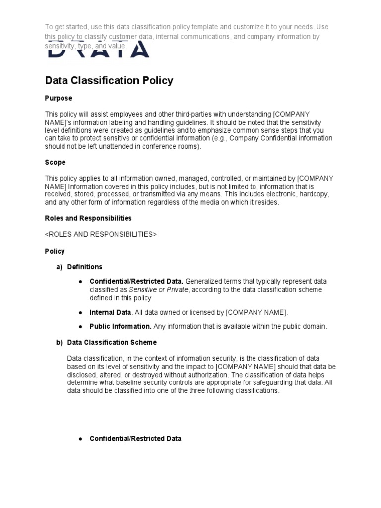 Data Classification Policy Template | PDF | Information Security | Classified Information