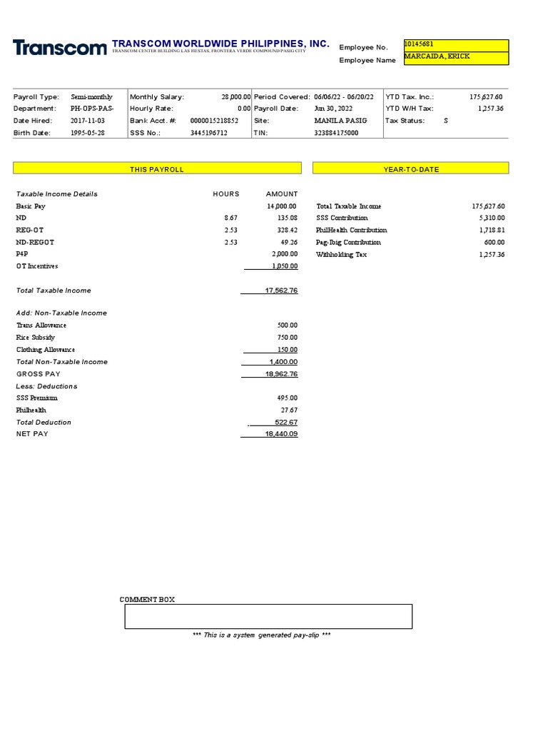 Transcom Worldwide Philippines, Inc.: Taxable Income Details | PDF ...