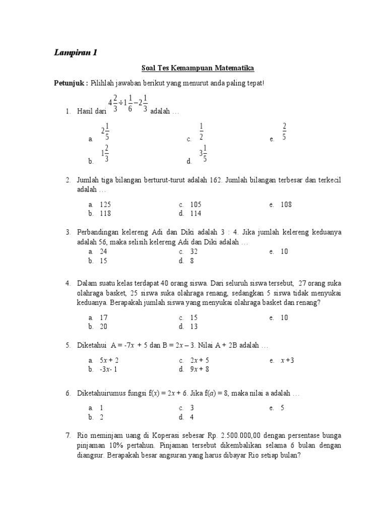 Lampiran Soal Kemampuan Matematis | PDF
