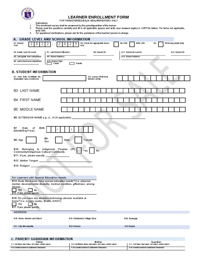 Learner Enrollment Form: A. Grade Level and School Information | PDF