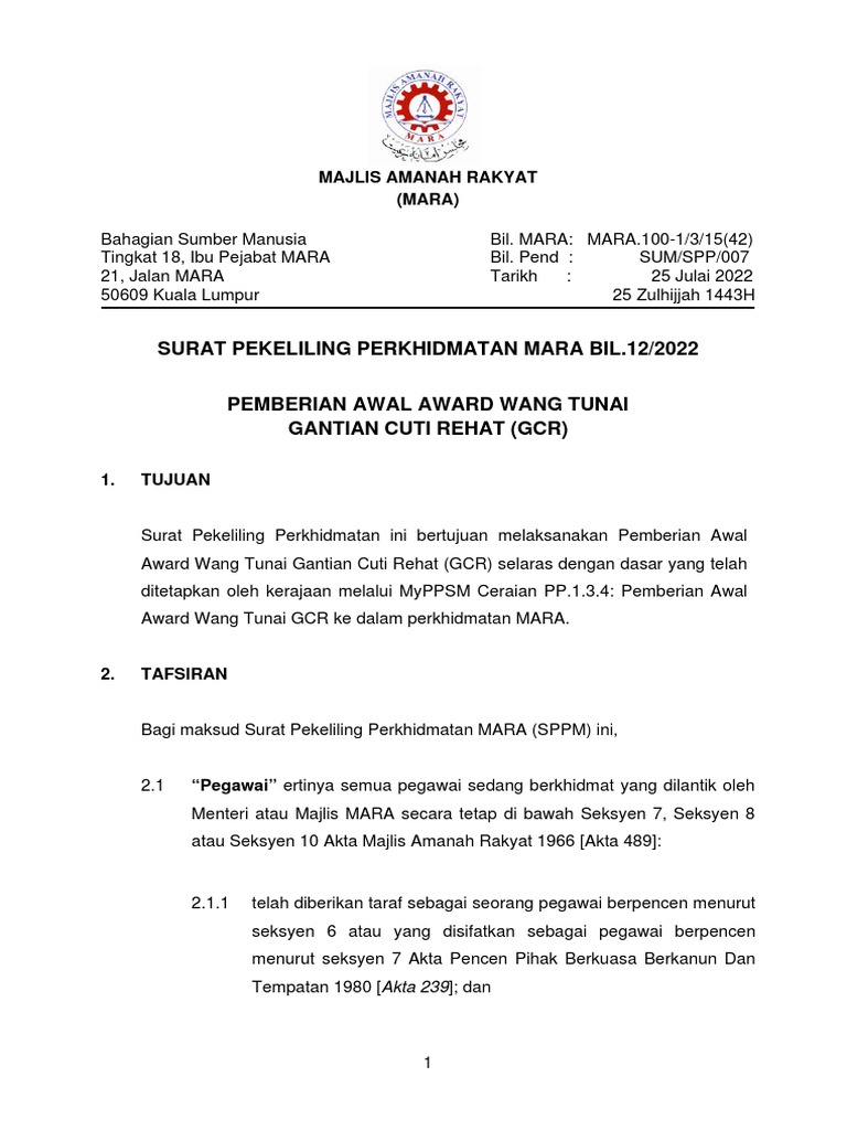 Surat Pekeliling Perkhidmatan MARA Bil.12 - 2022 | PDF