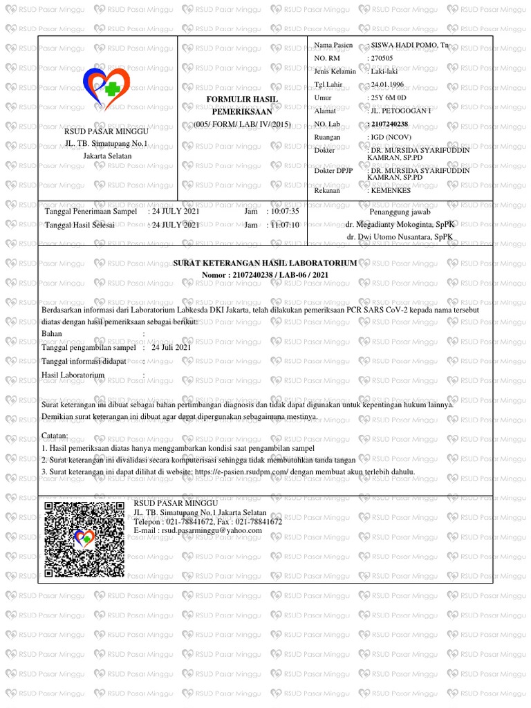 Hasil PCR COVID-19 RSUD Pasar Minggu | PDF