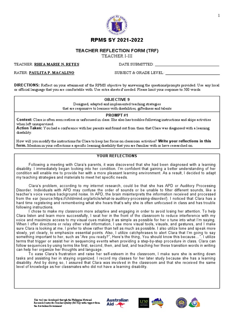 Teacher Reflection Form For T I-III For RPMS SY 2021-2022 - REYES ...
