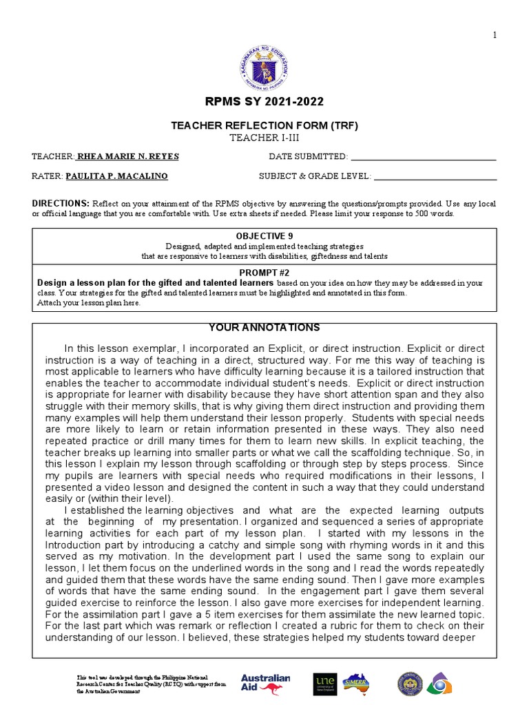 RPMS SY 2021-2022: Teacher Reflection Form (TRF) | PDF | Learning ...