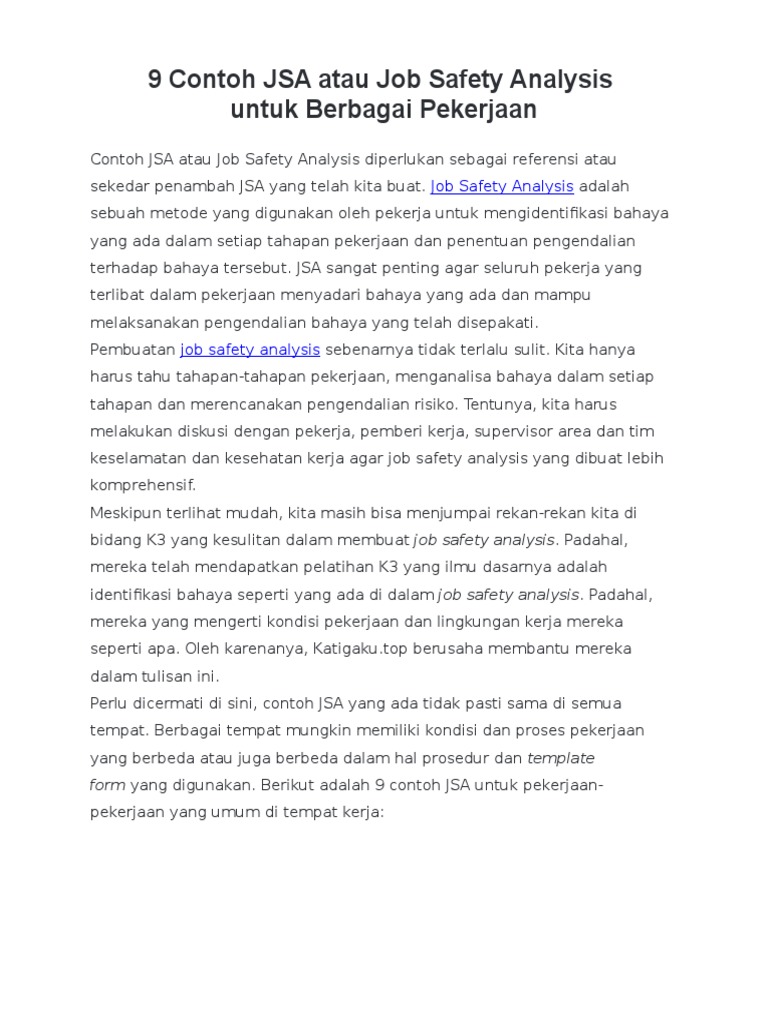 9 Contoh Jsa Atau Job Safety Analysisdocx PDF Free | PDF | Teknologi ...