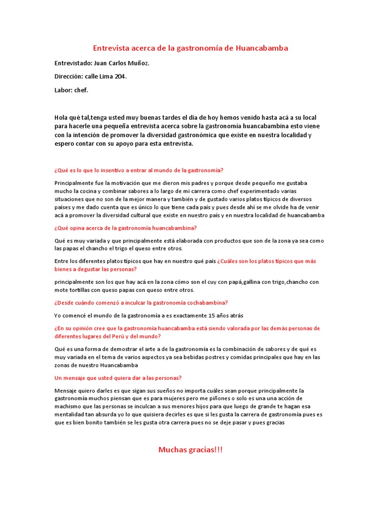 Entrevista Acerca de La Gastronomía de Huancabamba | PDF | Gastronomía ...
