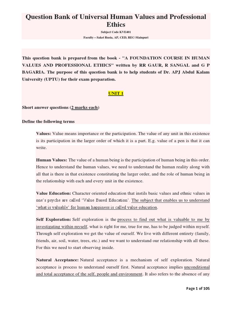 Descriptive Question Bank UHV | Download Free PDF | Happiness | Self