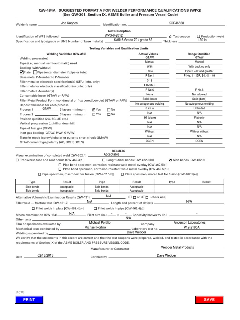 Qw-484A Suggested Format A For Welder Performance Qualifications (WPQ ...