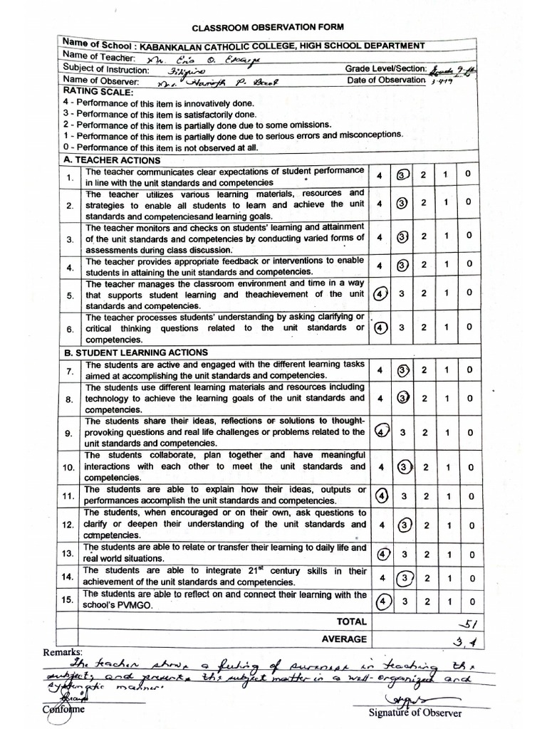 Sample Classroom Observation Result | PDF