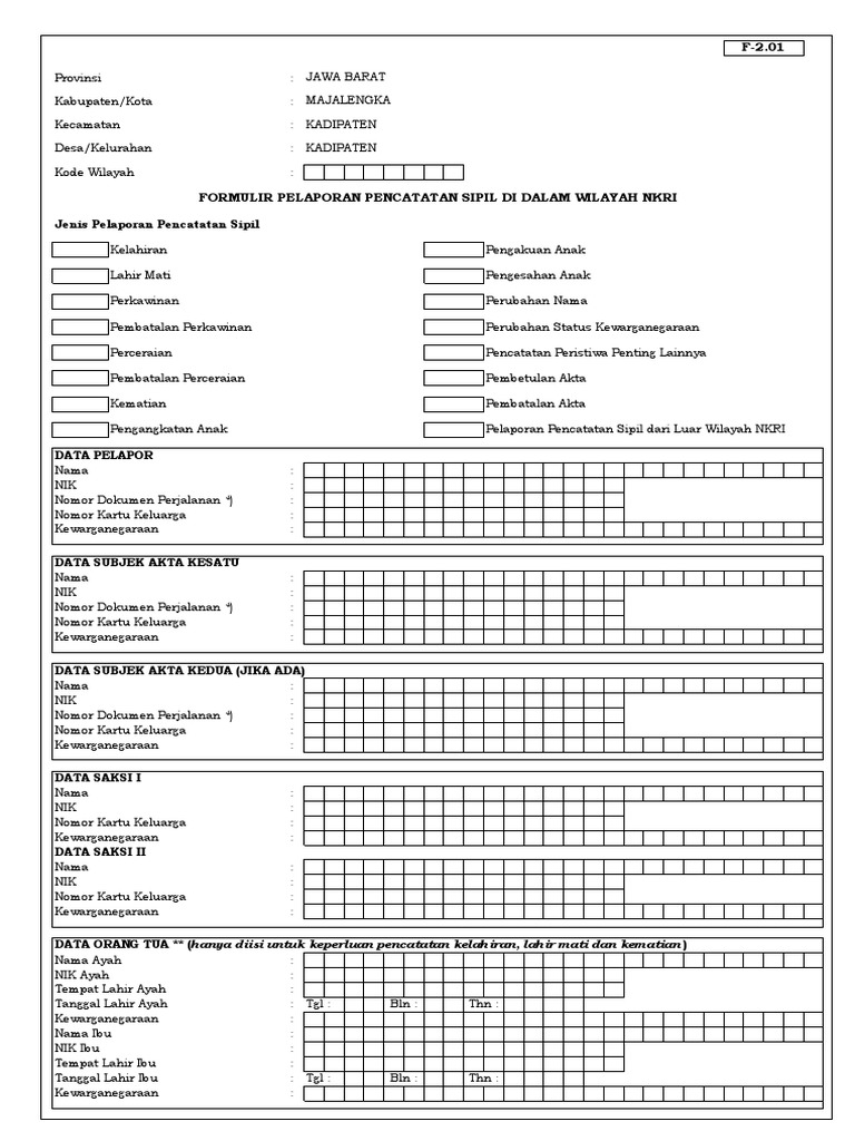 (F-2.01) Form Pelaporan Pencatatan Sipil | PDF | Ilmu Sosial | Hukum