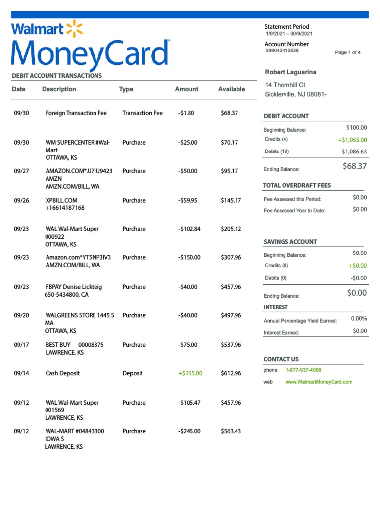 Walmart MoneyCard Statement Summary | PDF | Debits And Credits ...