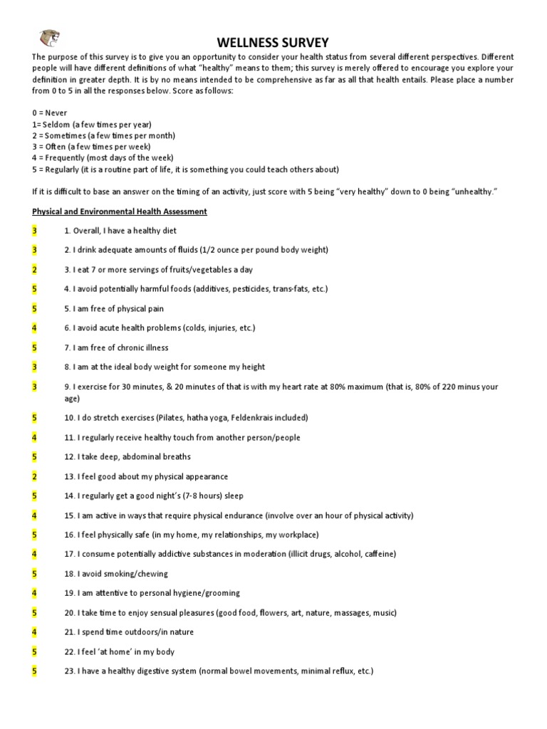 Wellness Survey: Physical and Environmental Health Assessment | PDF ...