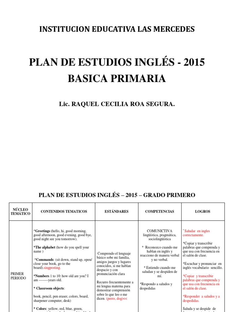 Plan de Estudios Inglés Primaria 2015 | PDF | Idioma en Inglés ...