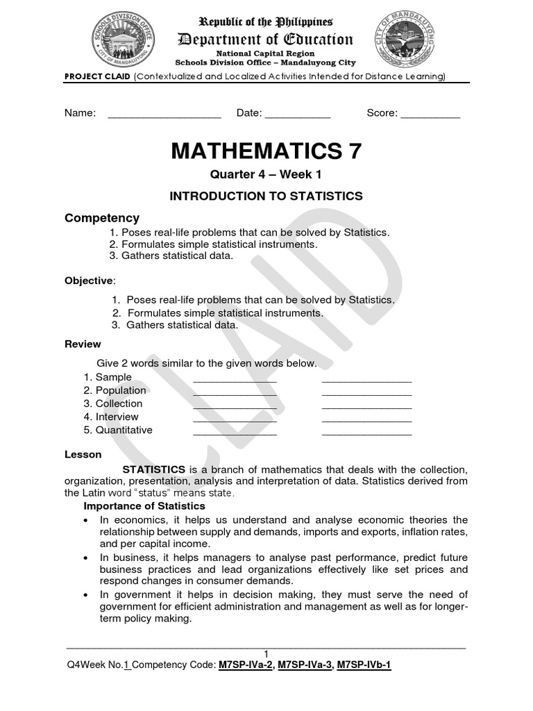 Mathematics 7: Quarter 4 - Week 1 Introduction To Statistics Competency ...